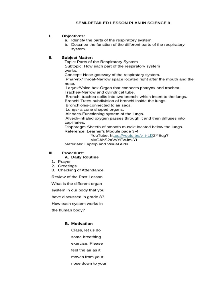 Science 9 Respiratory System Lesson Plan | PDF | Respiratory System ...