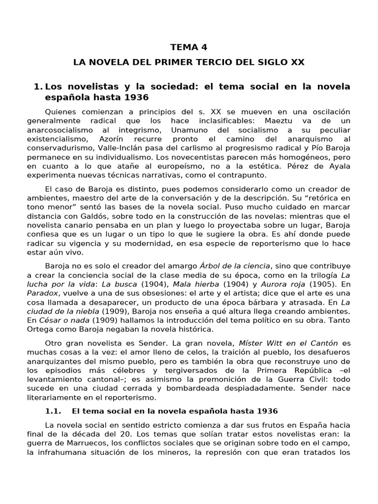 T4 - La Novela Del Primer Tercio Del Siglo XX | PDF | Novelas | España