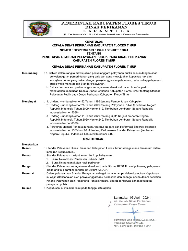 SK Standar Pelayanan Dinas Perikanan-20240822011520 | PDF