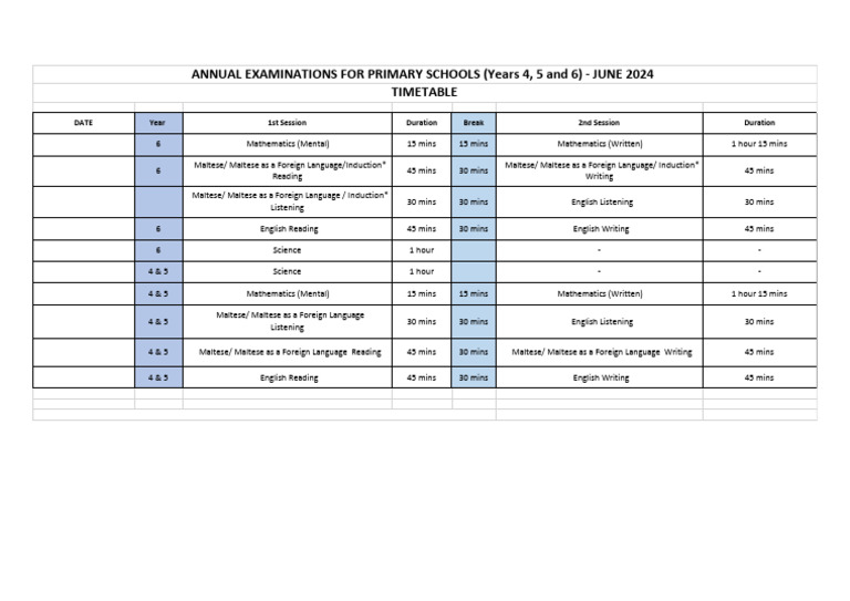 Dcle 06 2024 Primary Annual Examination Timetable June 2024 | PDF