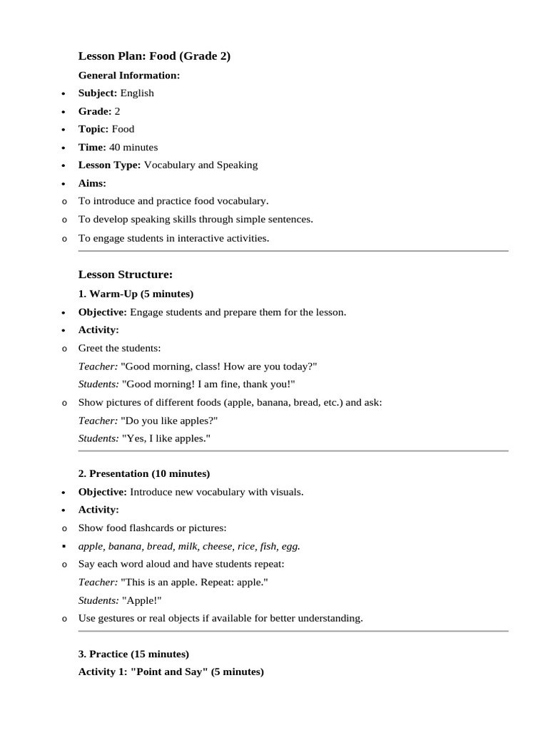 Lesson Plan Food | PDF | Vocabulary | Lesson Plan