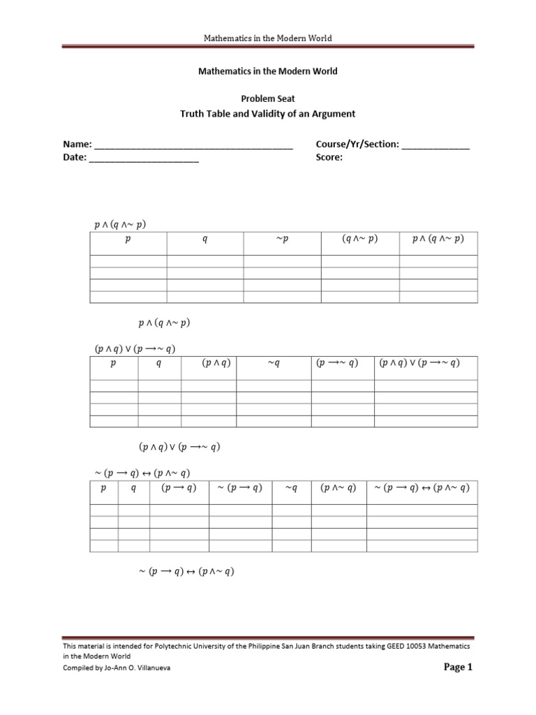 Truth Table and Validity of An Argument Problem Seat | PDF ...