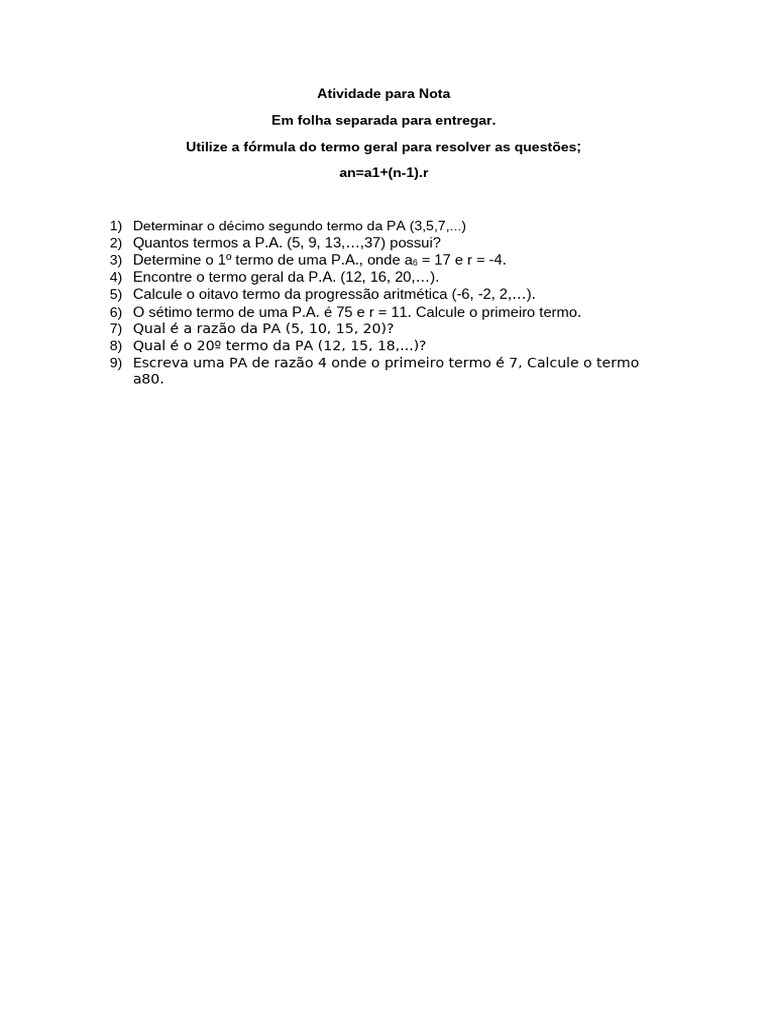 Atividade para Nota Fórmula Do Termo Geral. | PDF