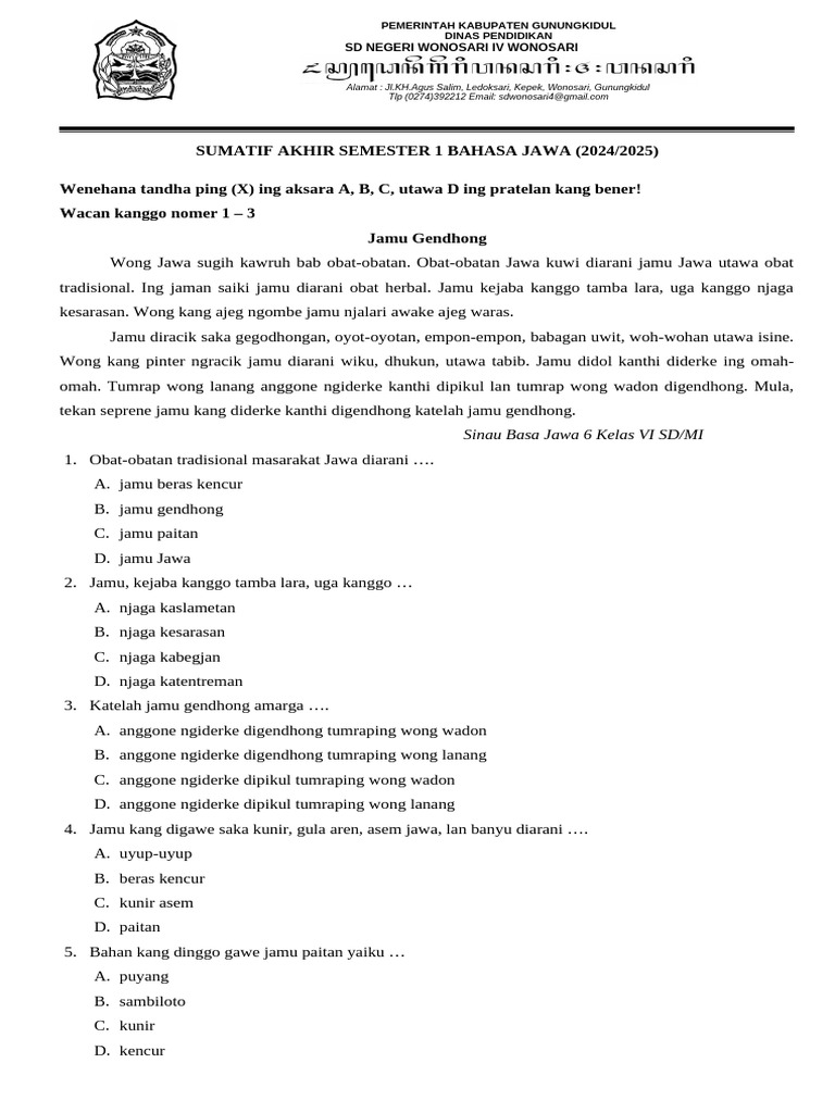 Soal Asas Bahasa Jawa Kelas 6 Semester 1 | PDF