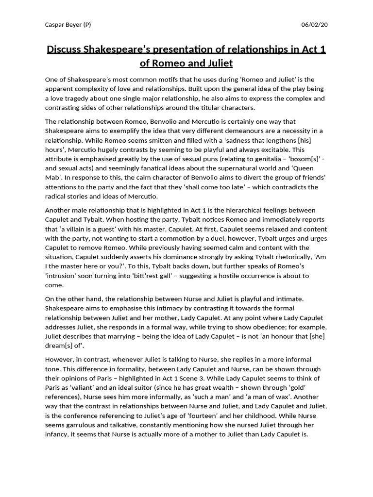 Romeo and Juliet Relationships Essay | PDF | Characters In Romeo And ...