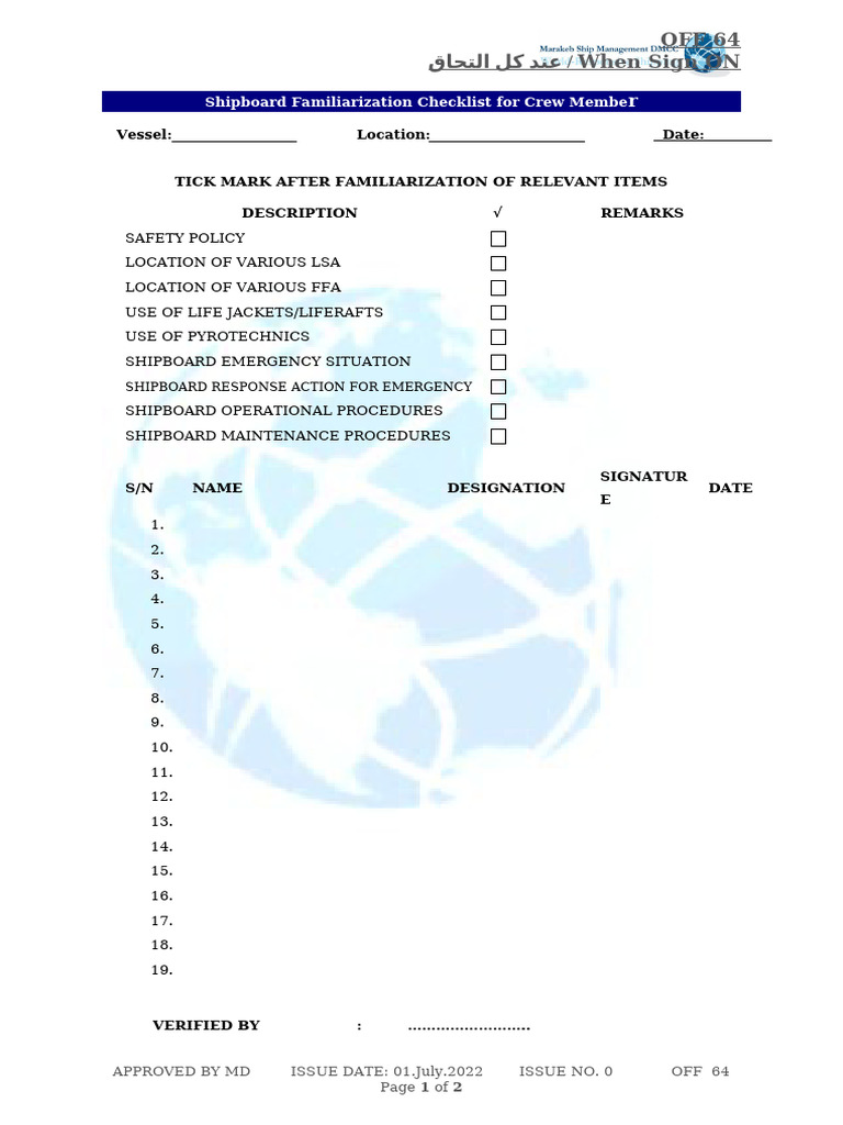 OFF 64 - Shipboard Familiarization Checklist For Crew Member | PDF