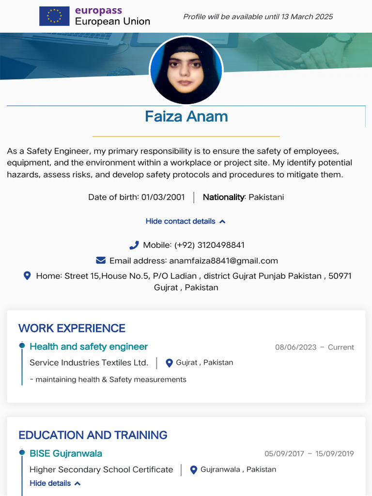 Faiza Anam EU CV | PDF | Occupational Safety And Health | Pakistan