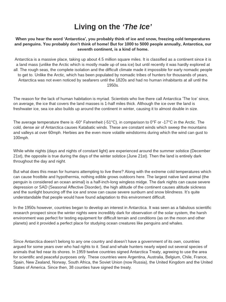 Living On The Ice Comprehension Passage | PDF | Antarctica | Ice