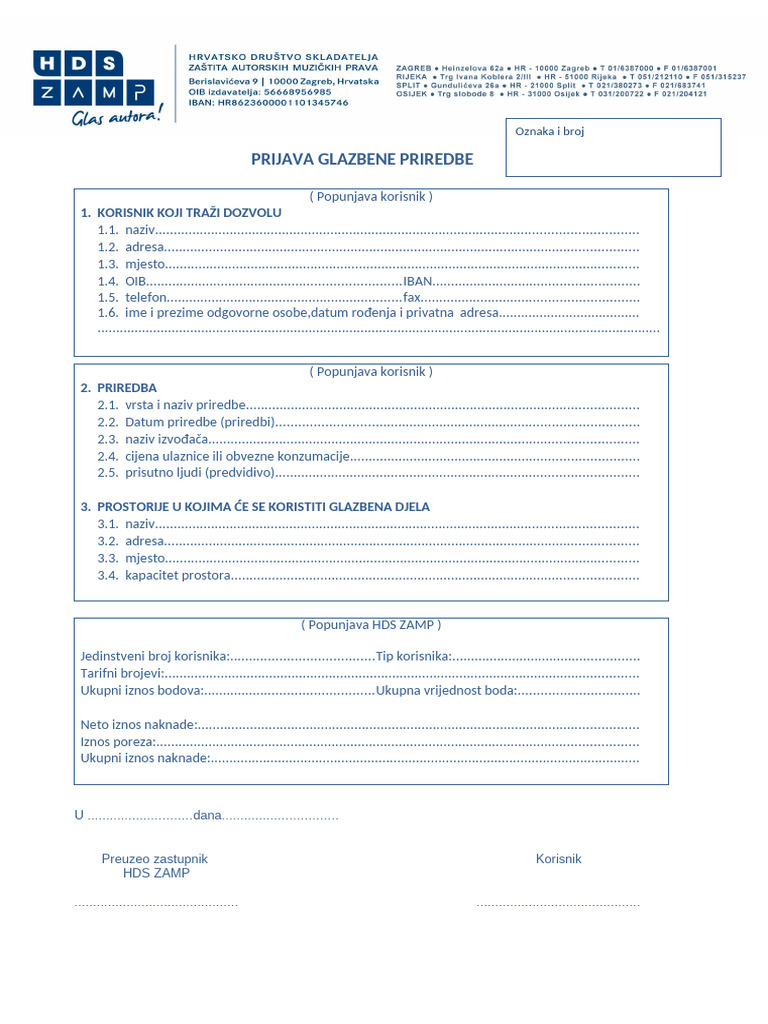 Obrazac Za Prijavu Priredbe | PDF