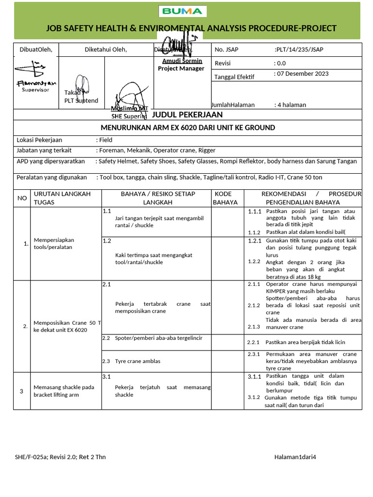 Prosedur Aman Menurunkan Arm EX 6020 | PDF