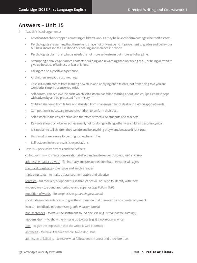 Answers Unit15 Igcse Fle | PDF | Self Esteem