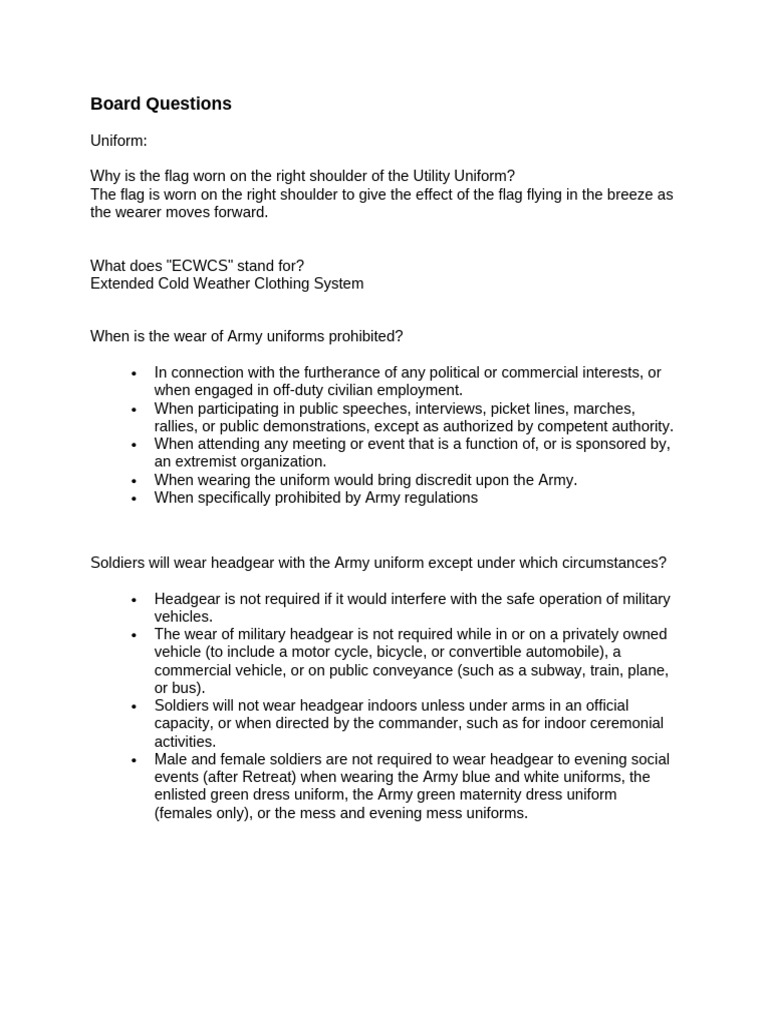 Army Board Questions | PDF | Headgear | Military Science