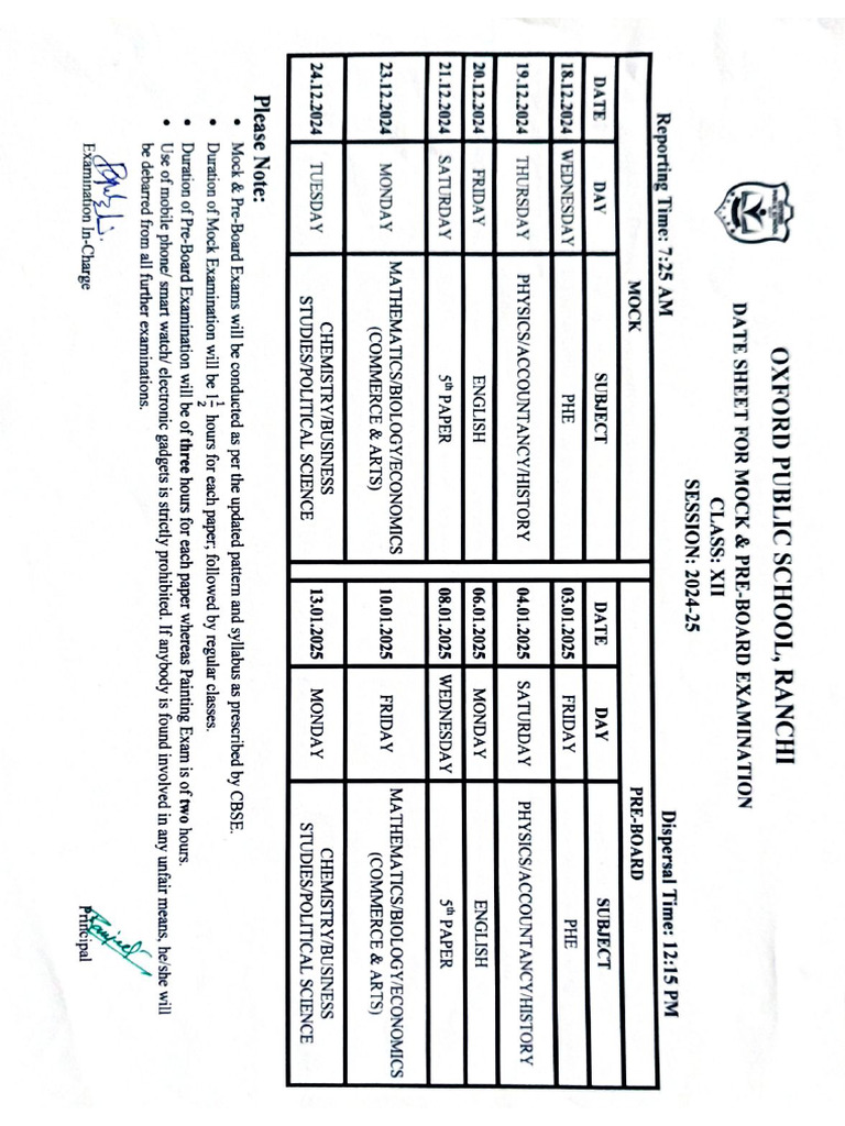 Date Sheet For Mock & Pre-Board Examination - Class Xii (2024-25) | PDF