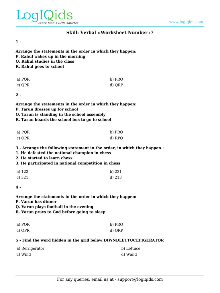 Skill: Verbal::Worksheet Number:7: A) PQR B) PRQ C) QPR D) QRP | PDF