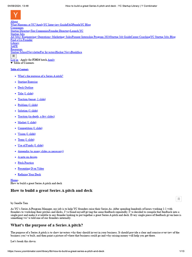 How To Build A Great Series A Pitch and Deck - YC Startup Library - Y Combinator | PDF | Startup ...