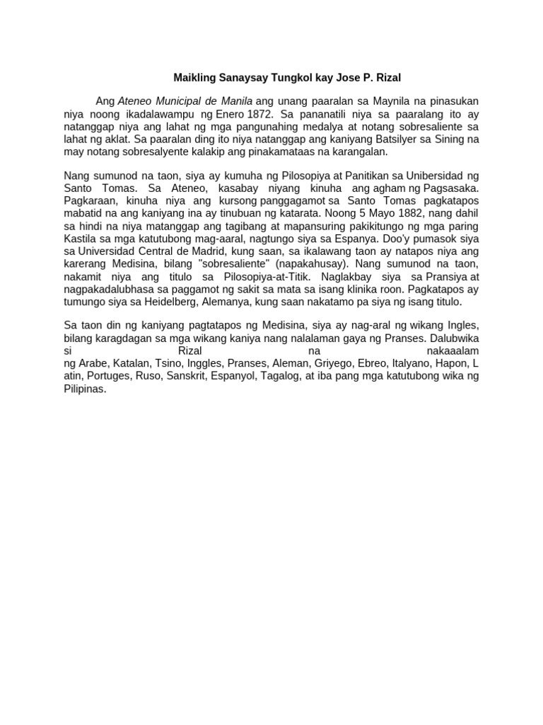 Maikling Sanaysay Tungkol Kay Jose P. Rizal | PDF