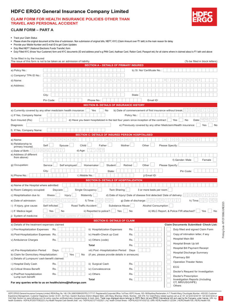HDFC Health Insurance Claim Form | PDF | Insurance | Receipt