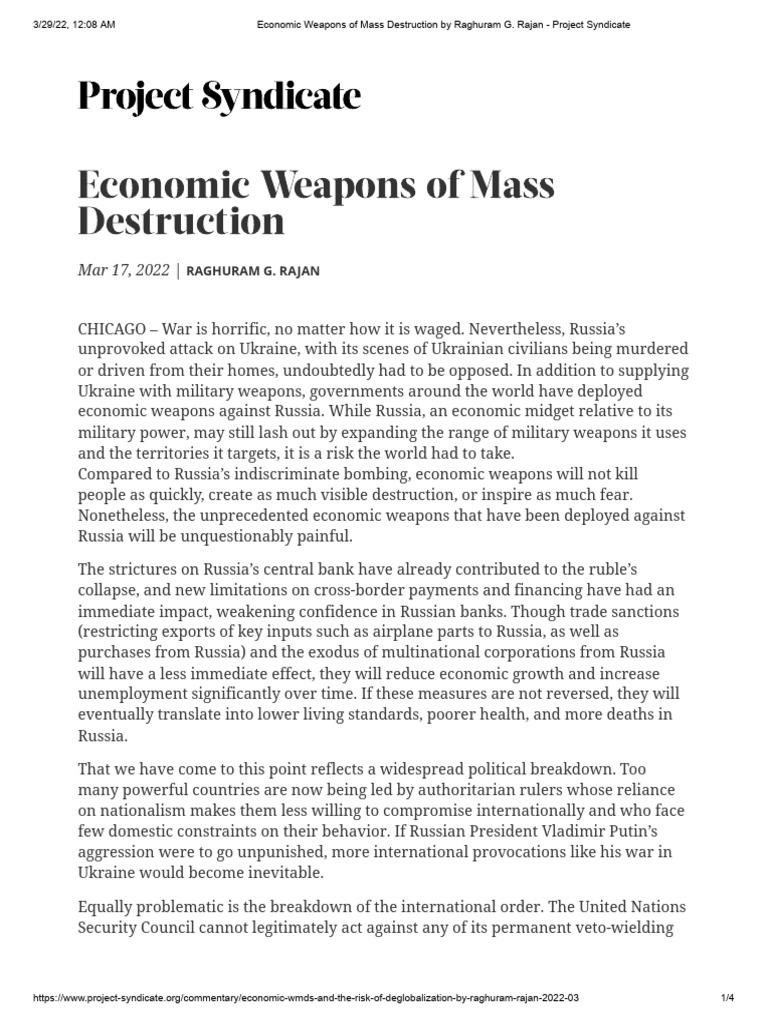 Economic Weapons of Mass Destruction by Raghuram G. Rajan - Project Syndicate | PDF | Russia ...