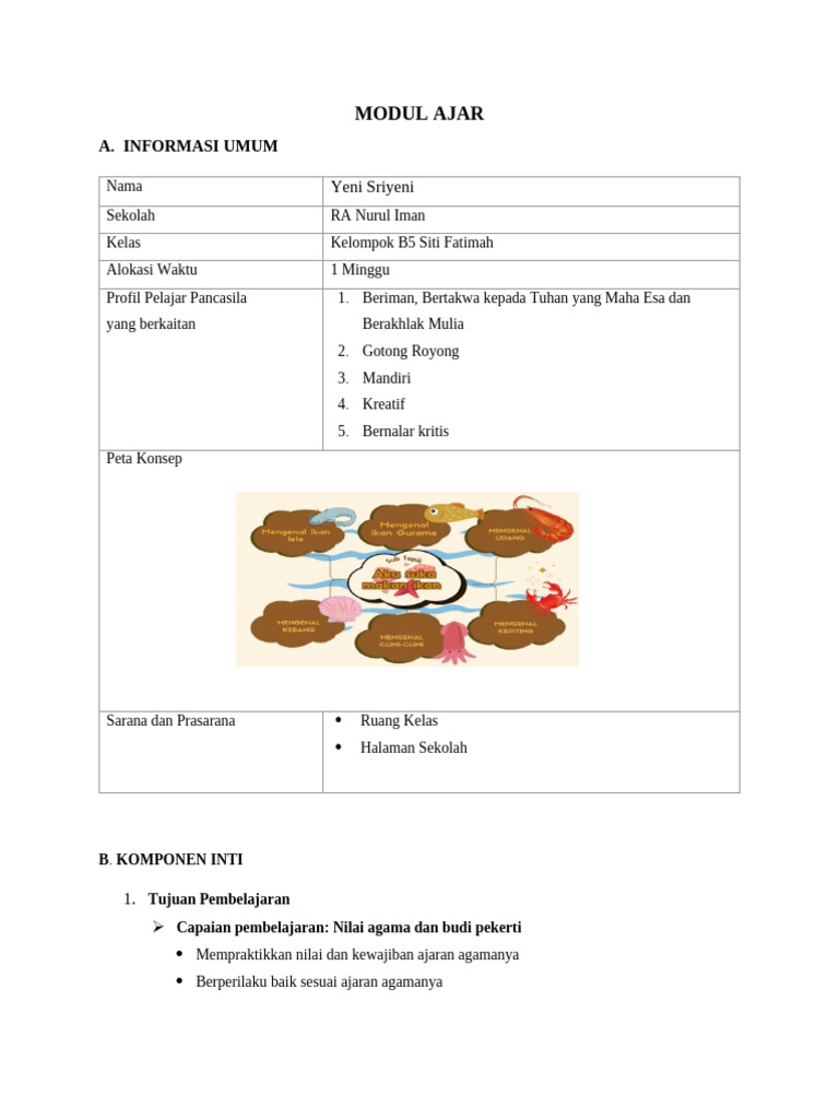 Modul Ajar Pekan 1 (Aku Suka Makan Ikan (Cumi, Kepiting, Ikan) (1) - 1 | PDF