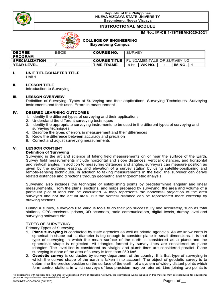 Survey - Im 1 | PDF | Surveying | Accuracy And Precision