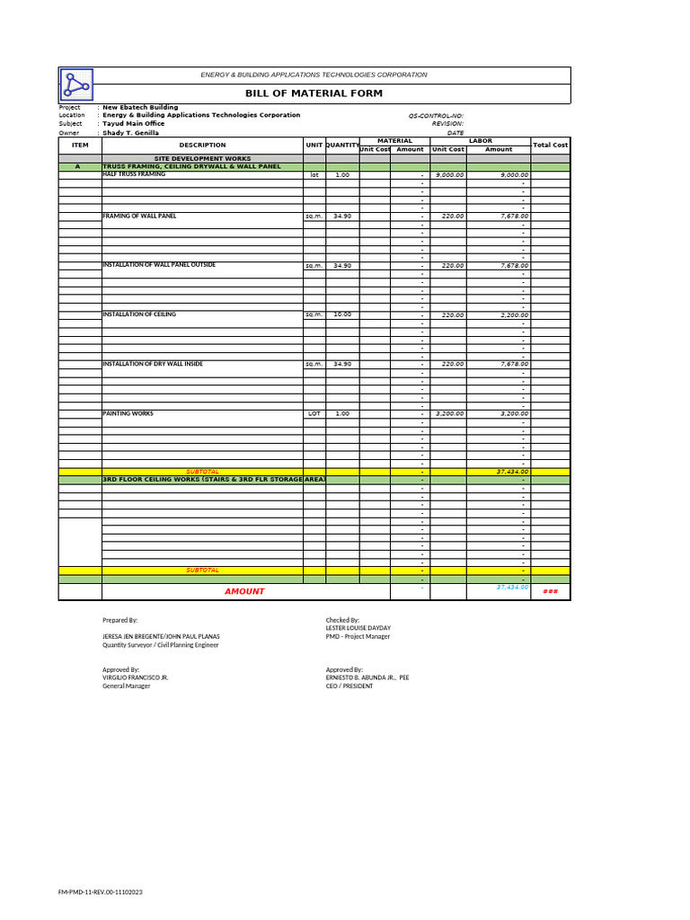 FM PMD 11 - Bill of Material Shady 001 Cladding Installation Labor ...