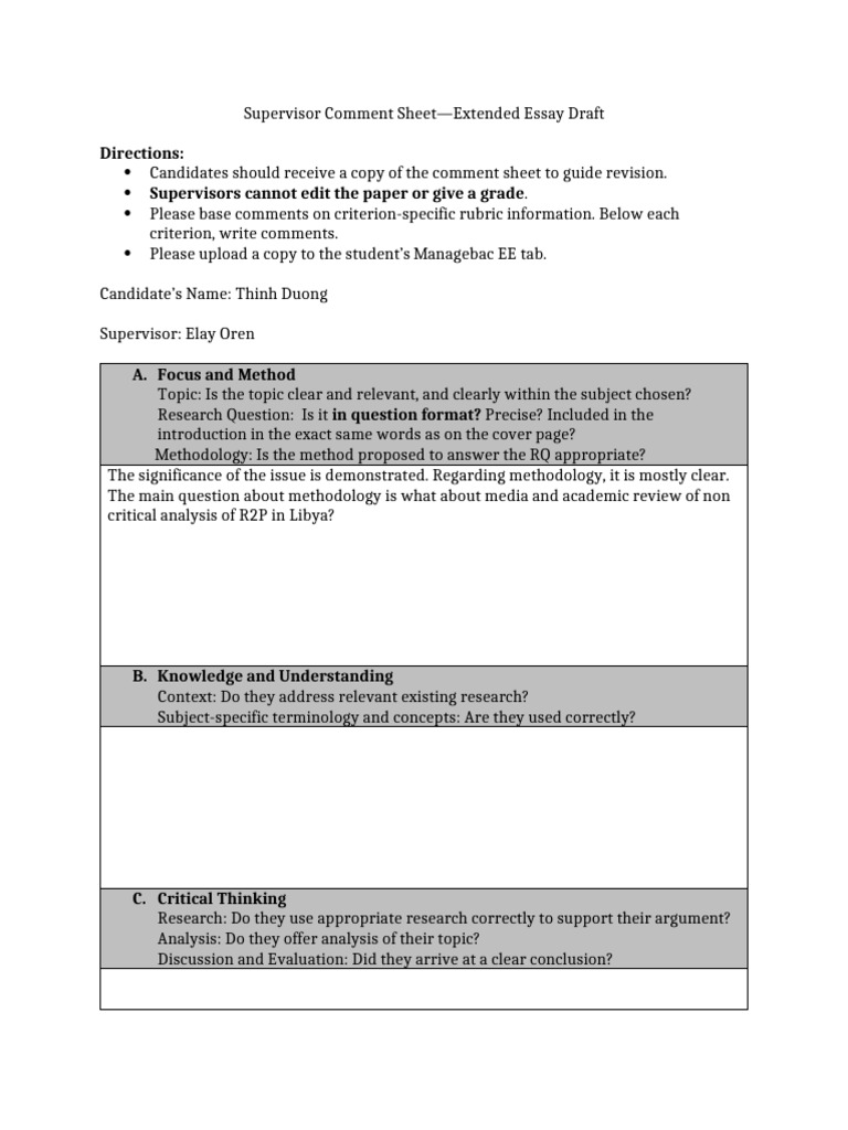 Extended Essay Supervisor Comment Sheet | PDF