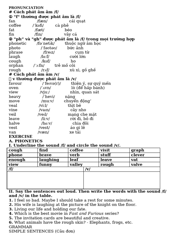 Pronunciation F Và V | PDF