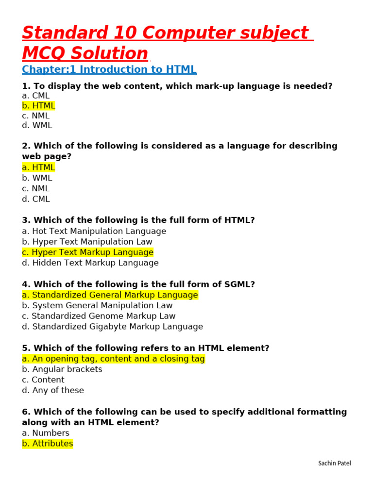Standard 10 Computer Subject MCQ Solution | PDF | Html | Markup Language