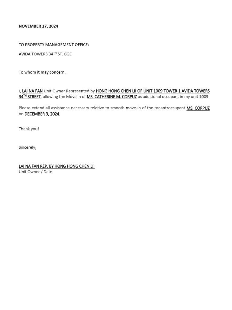 Move in Letter T1-1009 | PDF