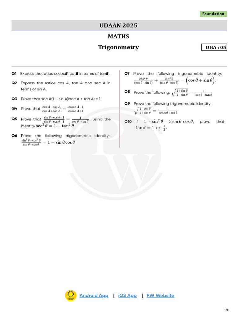Trigonometry - DHA 05 (Of Lecture 07) - Udaan 2025 | PDF | Trigonometry | Combinatorics
