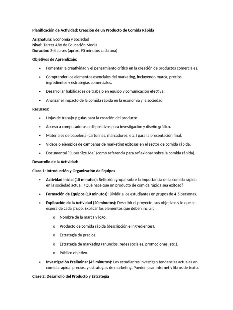 Crear Comida Rapida Planificacion Eys | PDF | Evaluación | Marketing