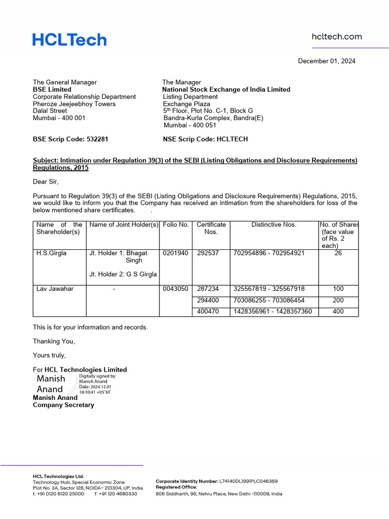 HCL Technologies Share Certificate Loss Notice | PDF | Equity ...