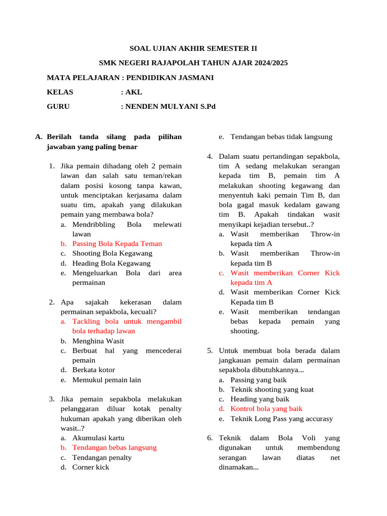 Soal - Ujian - Penjas - Kunci Jawaban | PDF