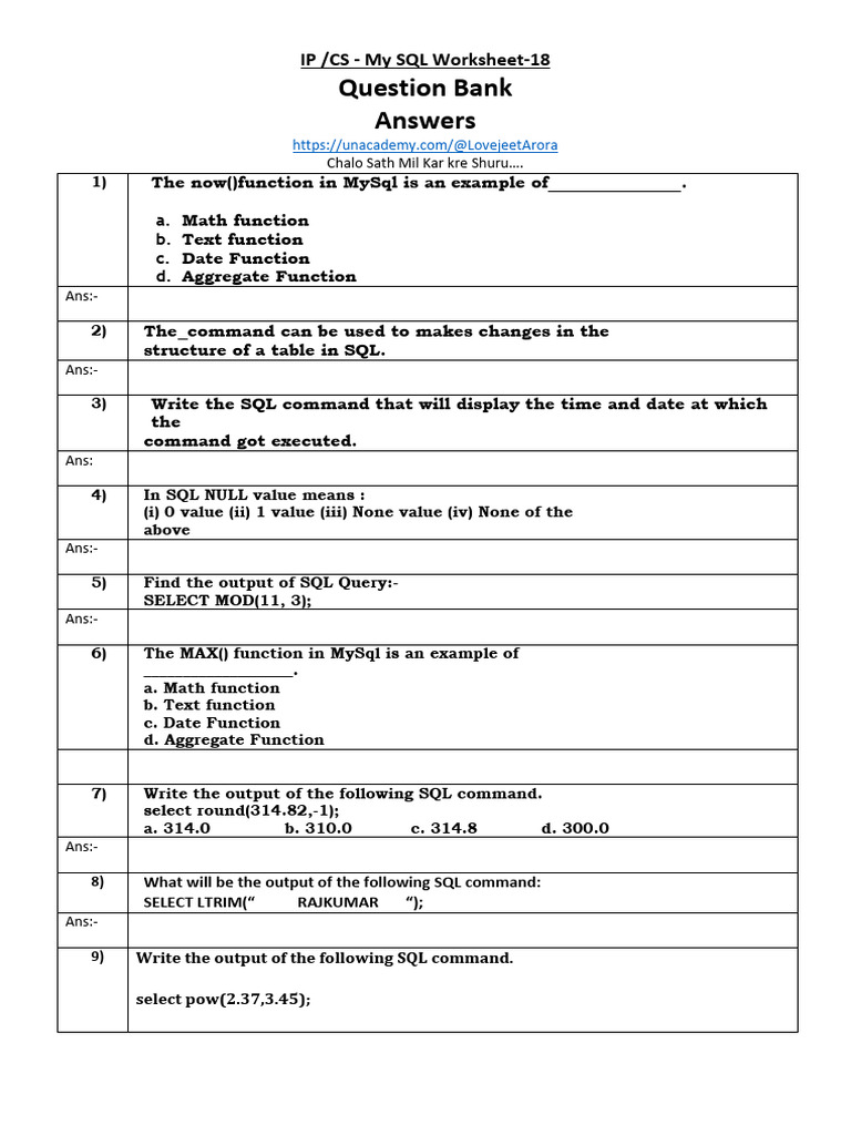 Worksheet 18 Qs Only | PDF | Sql | Data Management