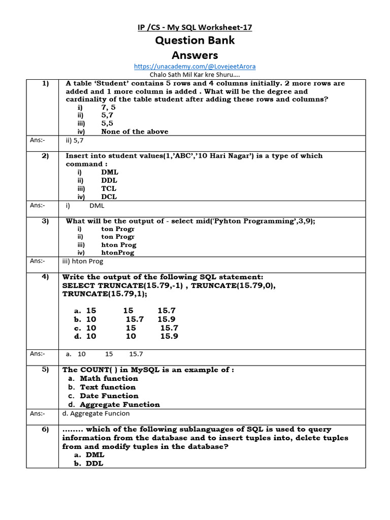 Worksheet 17 Answers | PDF | Sql | Computing