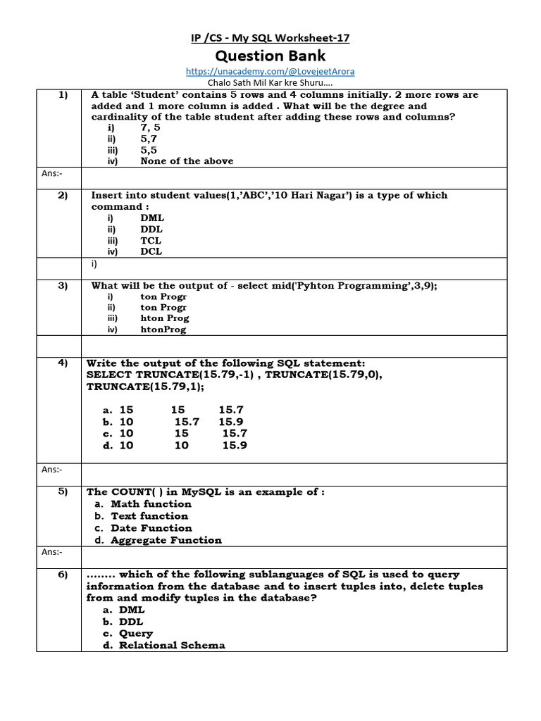 Worksheet 17 Qs Only | PDF | Sql | Software Engineering