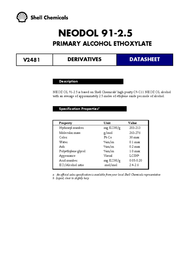 NEODOL 91-2.5 Alcohol Ethoxylate Datasheet | PDF | Technology & Engineering