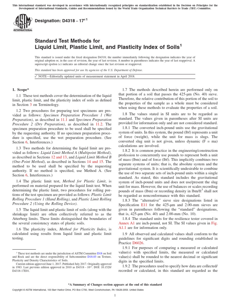 ASTM D4318-17: Soil Plasticity Tests | PDF | Applied And ...