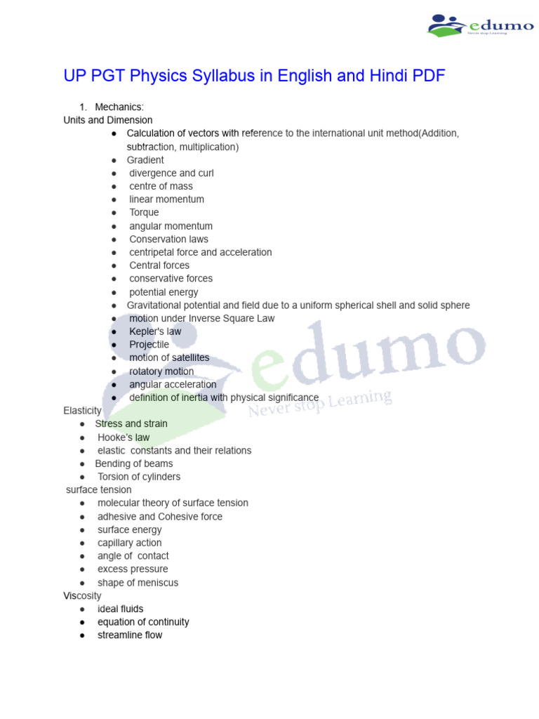 UP PGT Physics Syllabus in English PDF | PDF | Optics | Force