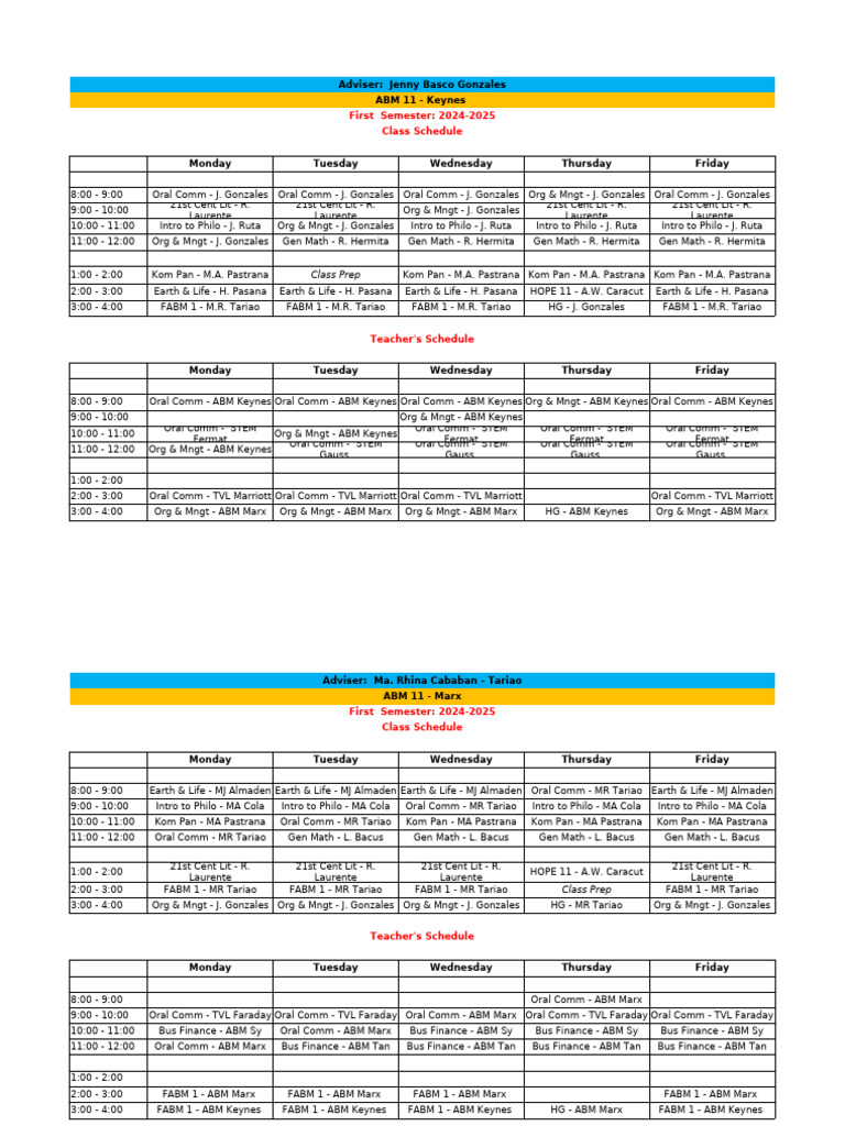 Updated - Grade11 Advisers Class Sched - 1st Sem - 24 25 | PDF | Mathematics | Science
