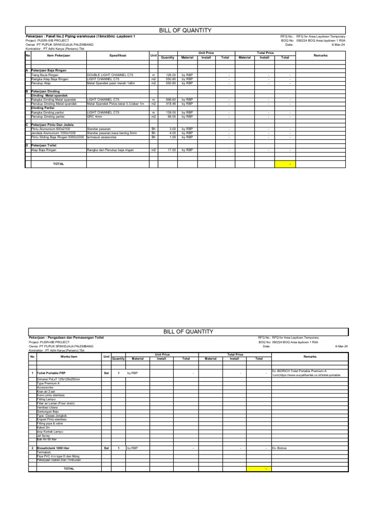 PUSRI-IIIB Project Laydown Area BOQ | PDF | Concrete | Building Engineering