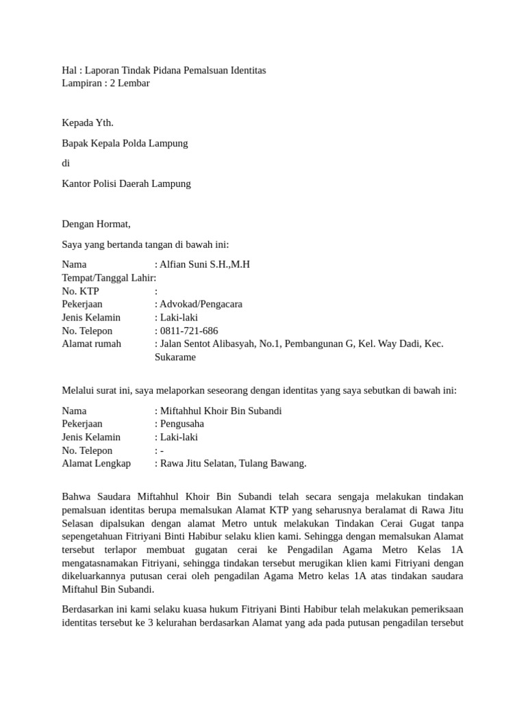 Surat Laporan Polda (Pemalsuan Identitas) | PDF