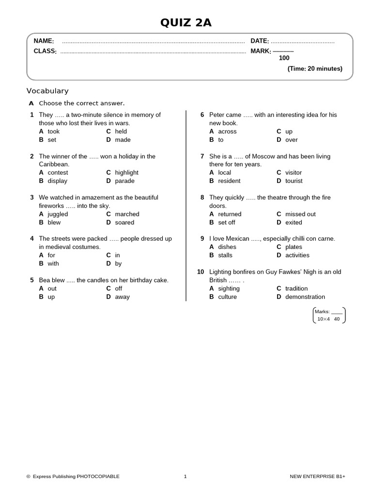 04 Enterprise b1+ New Quiz 2a | PDF