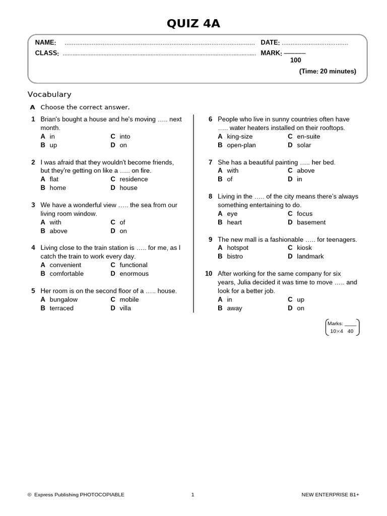 10 ENTERPRISE B1+ NEW Quiz 4A | PDF | Room | Home