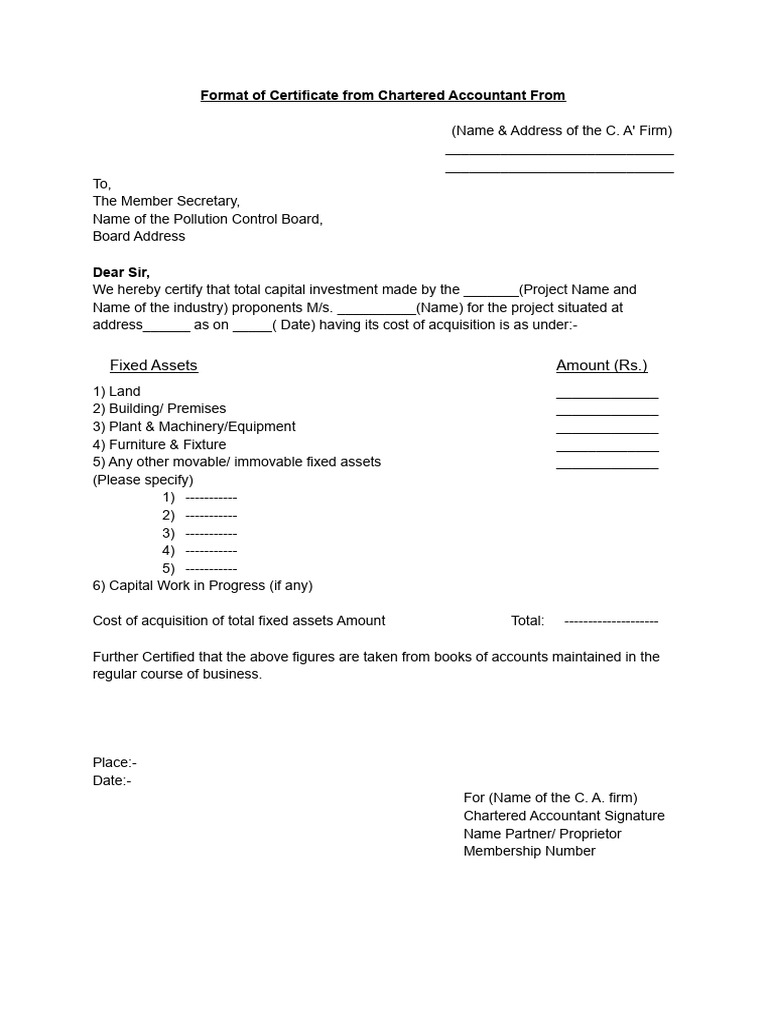 Format of Certificate From Chartered Accountant From | PDF