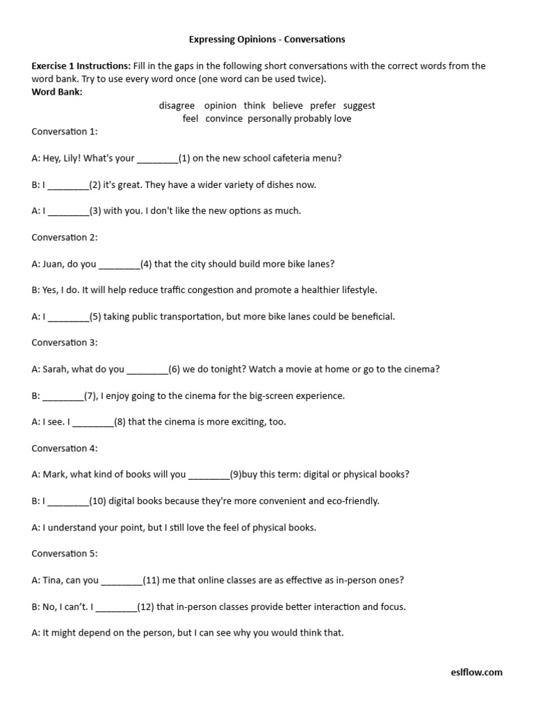 ESL Opinion Conversation Exercises | PDF | Cognitive Science