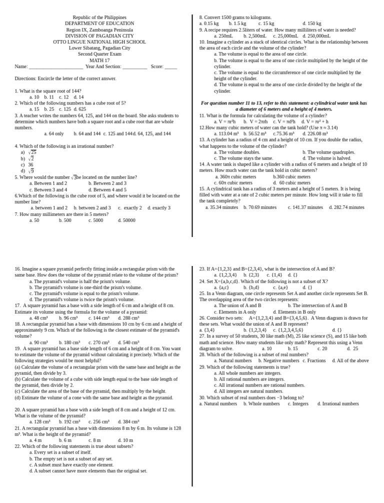 Math 7 Quarter 2 | PDF | Numbers | Volume