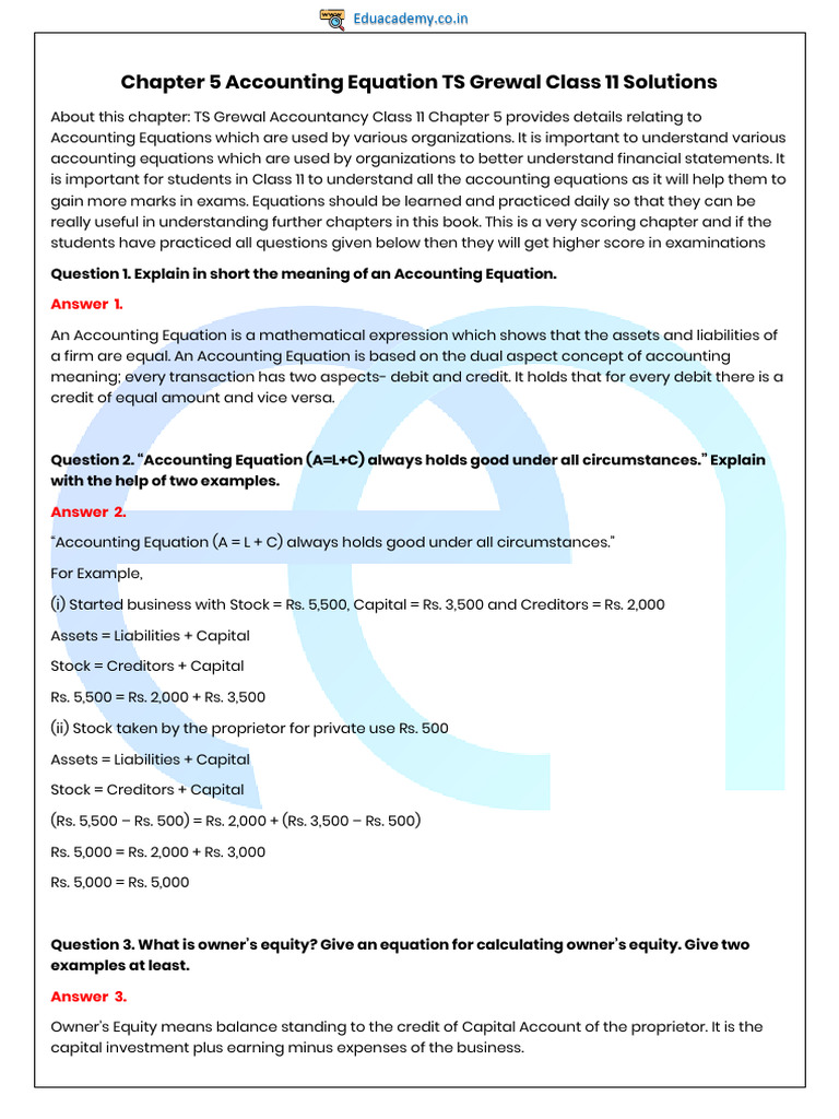 Class 11 Accounting Equation Solutions | PDF | Equity (Finance ...