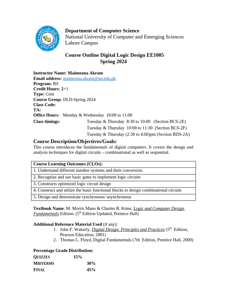 DLD Fall 2024 - Detailed Course Outline | PDF | Boolean Algebra ...