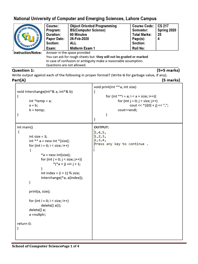 OOP - MID-I - Solution Spring 2020 | PDF | Computer Science | Computer Programming